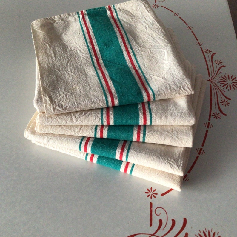 ONE Vintage French Linen Torchon Tea Kitchen Towel Red Green - Etsy
