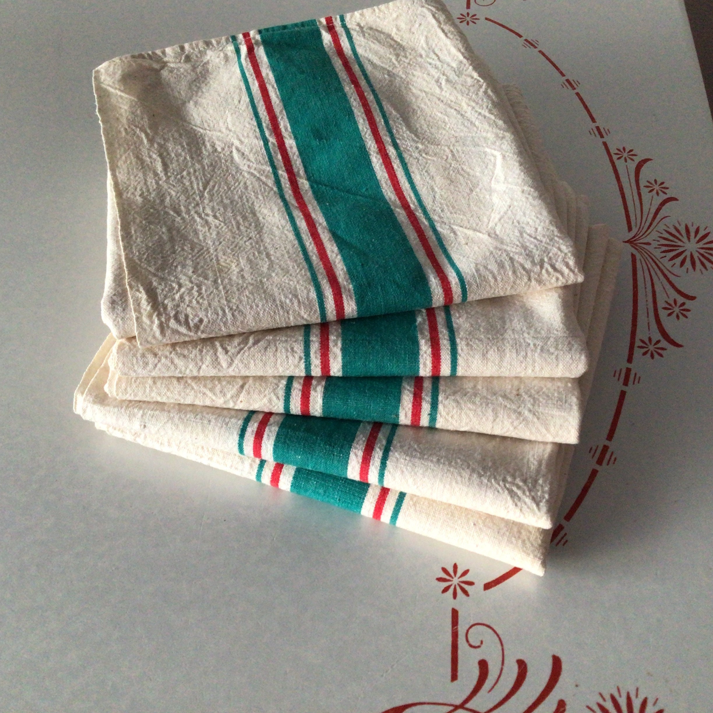 ONE Vintage French Linen Torchon Tea Kitchen Towel Red Green - Etsy