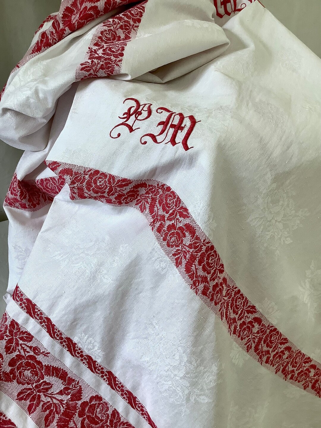 Antique French Red White Damask Linen Tablecloth Monogram PM 96 X 60 - Etsy