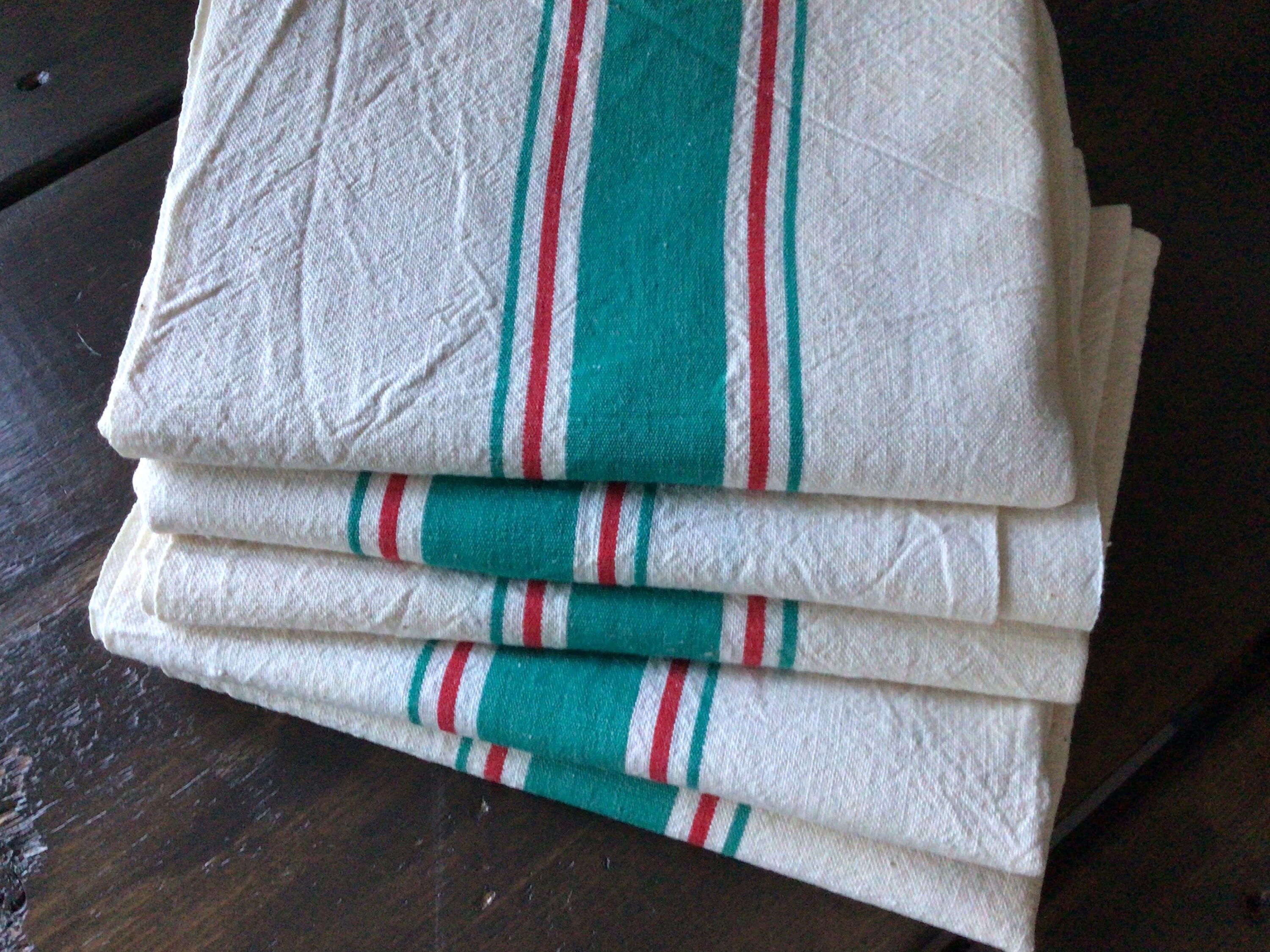 ONE Vintage French Linen Torchon Tea Kitchen Towel Red Green - Etsy