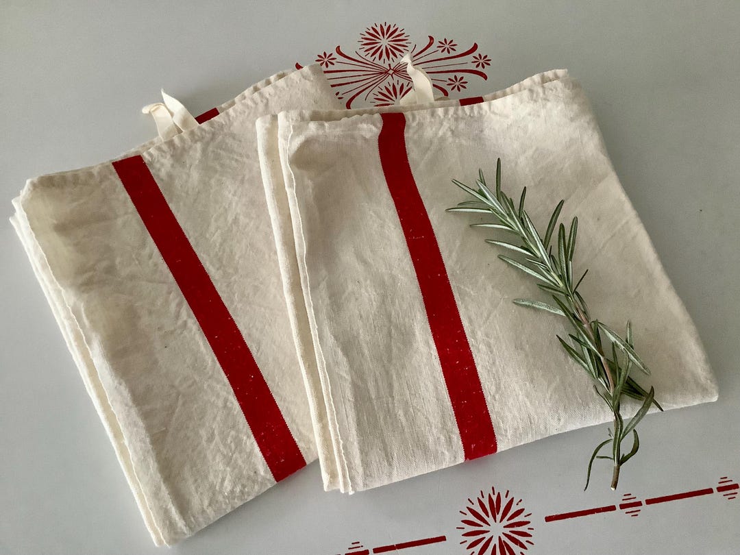 Pair (2) Large French Metis Linen Torchon Tea Kitchen Towel Red Stripes ...