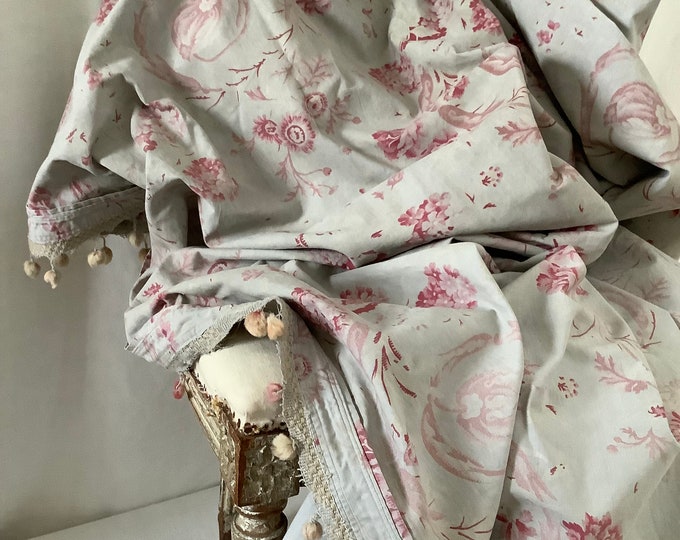 Antique French Block Print Faded Floral Picotage Shabby Chic Curtain ...