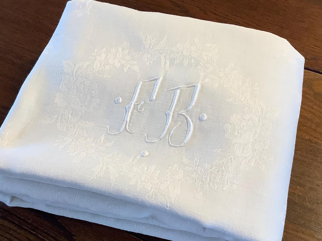 Antique French Floral Damask Linen Tablecloth Monogram FB 86" X 60" - Etsy