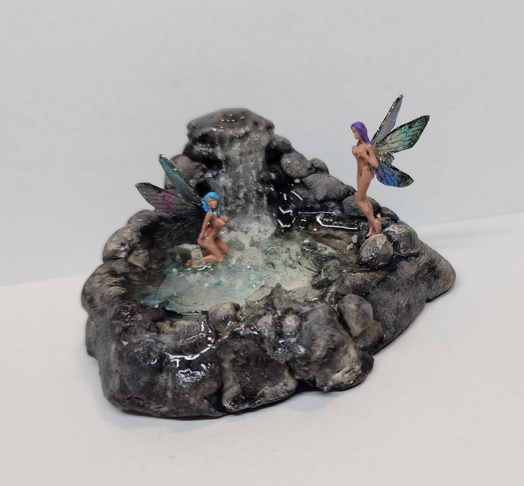 Fairy Garden Micro Minature Water Feature. Nude Fairy Bathing in a Pool ...