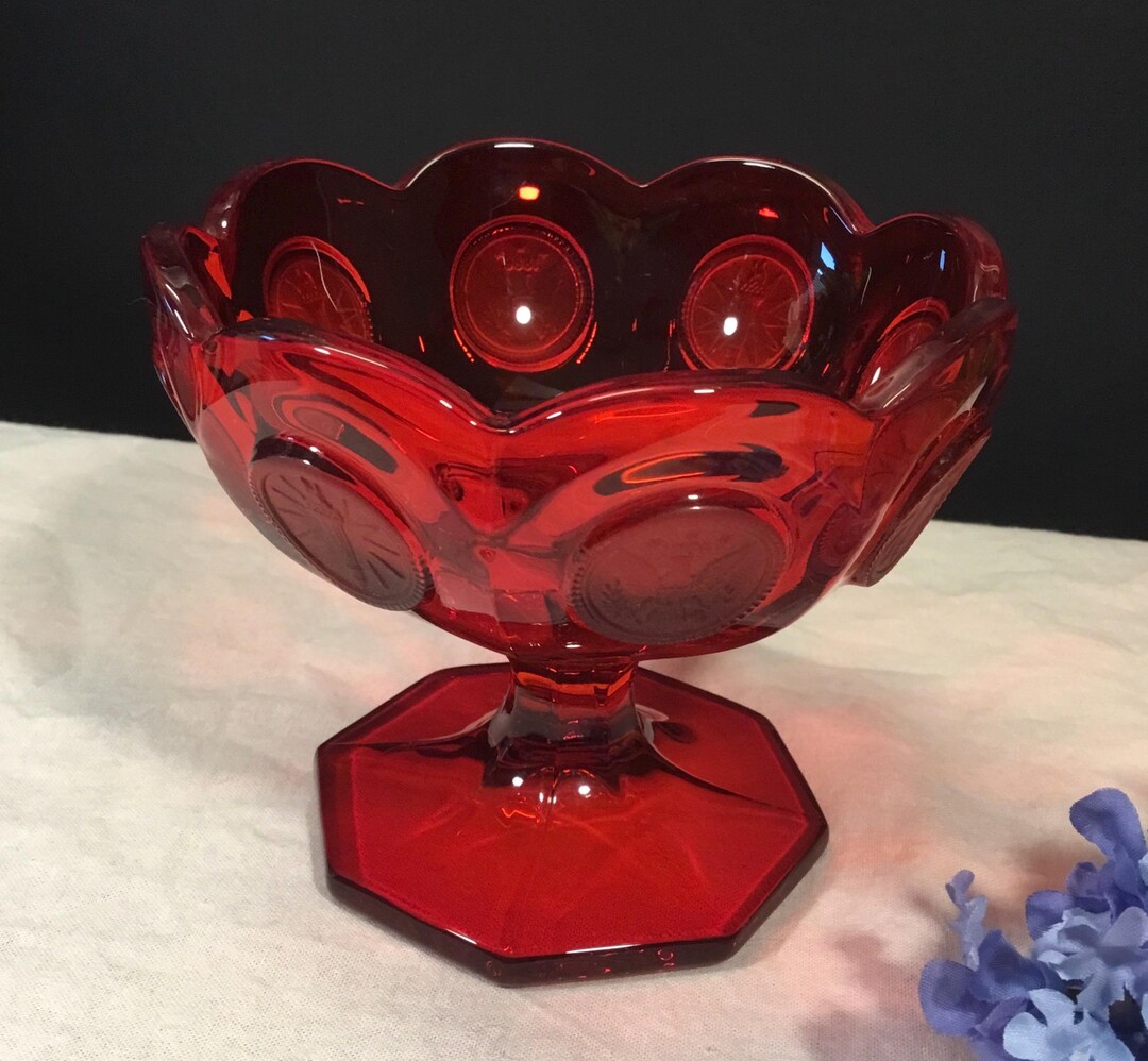 Vintage Fostoria Red Coin Dot Glass Pedestal Compote/ Fruit / Dessert ...