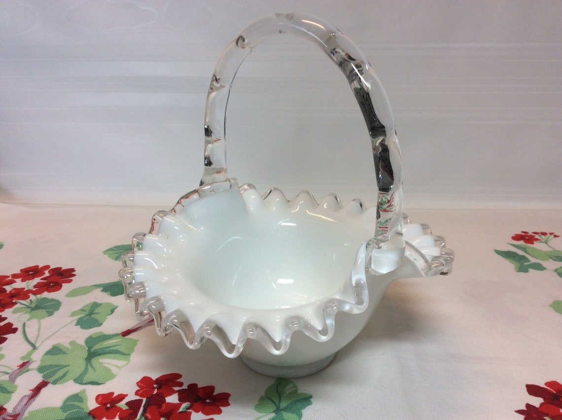 Vintage Fenton White Milk Glass Silver Crest Clear Handled | Etsy