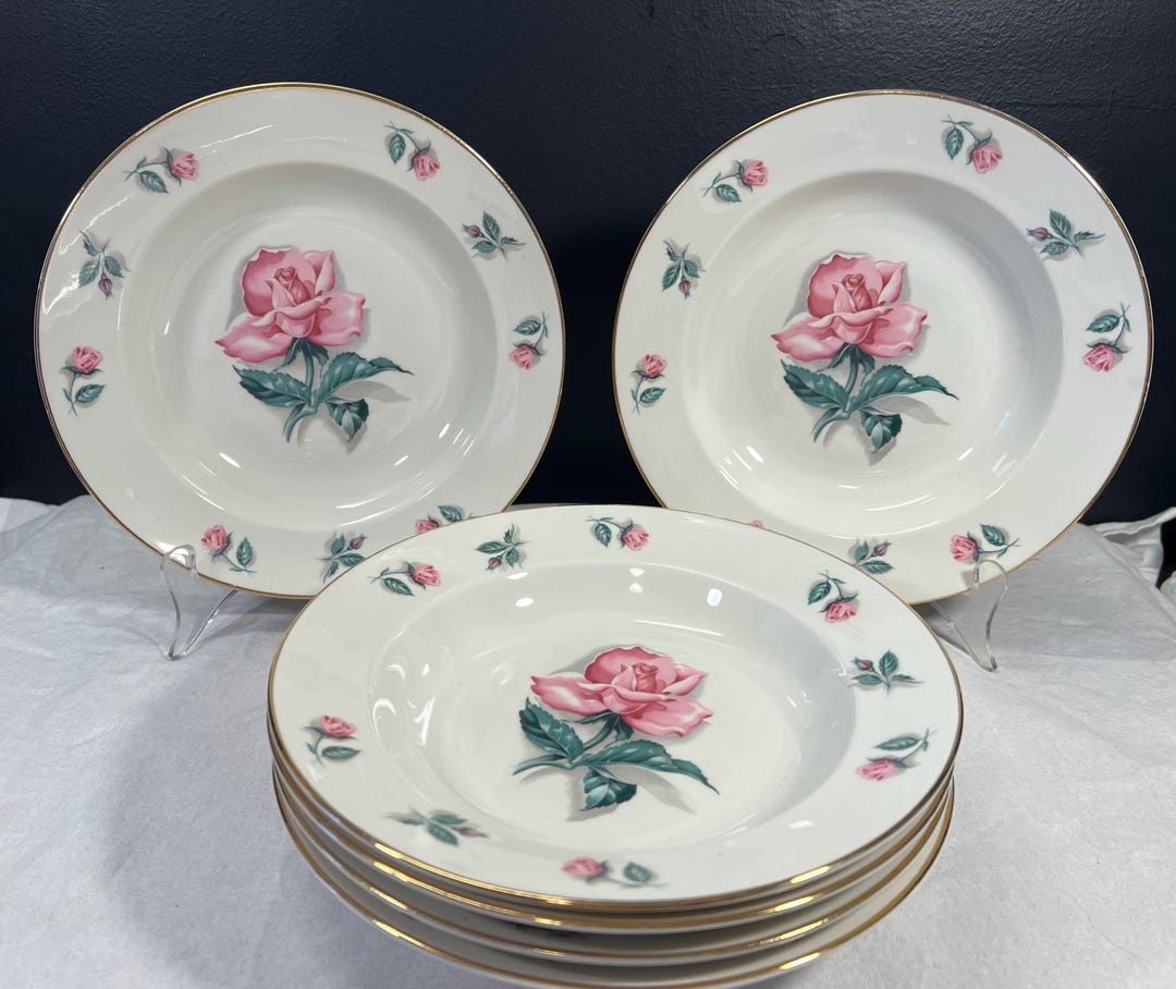 Vintage Warwick China Pink Rose Pattern, Gold Trim, Flat Rim Soup Bowls ...