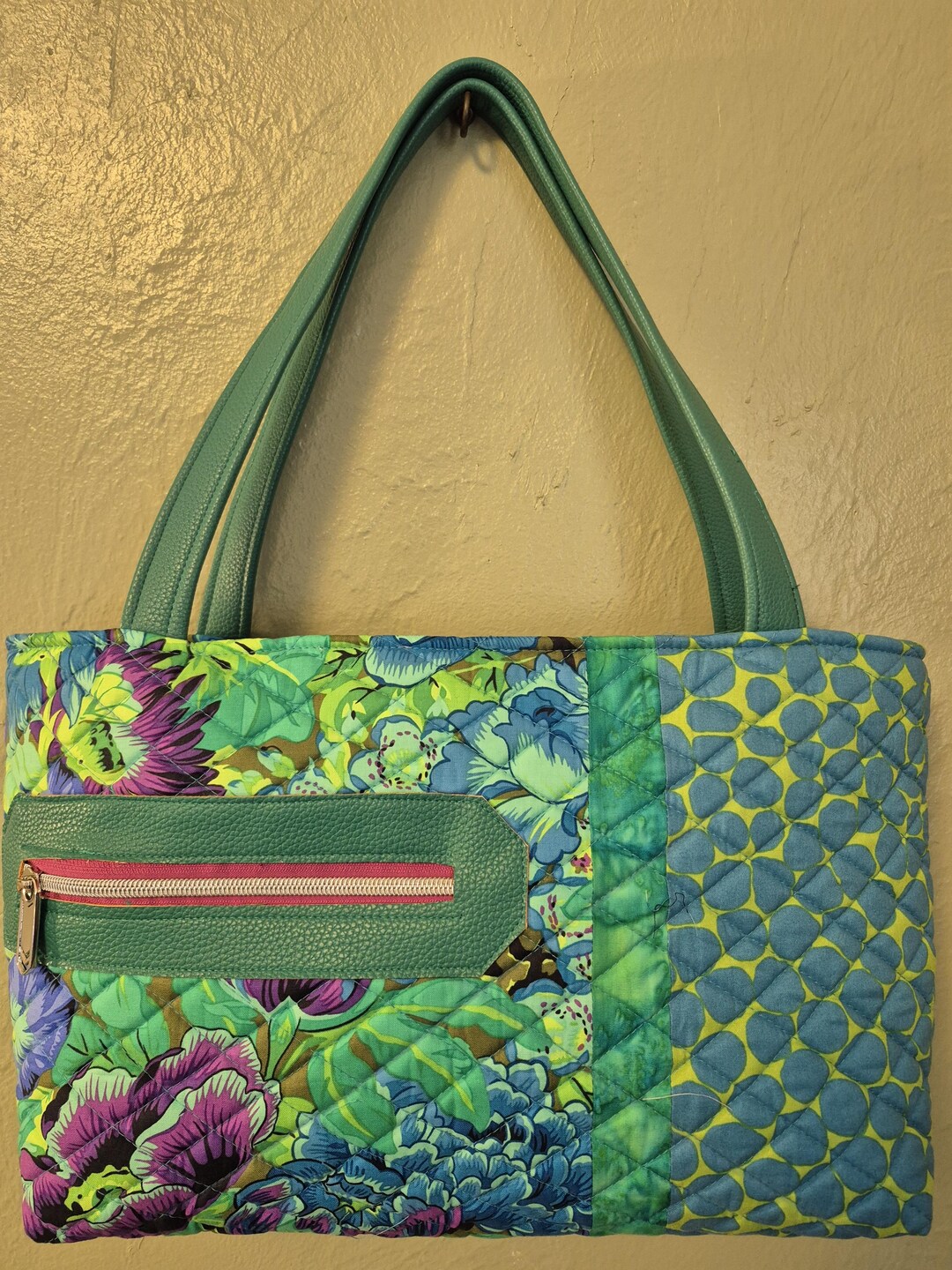 Quilted Kaffe Fassett Tote Style Bag: Batik Accent, Faux Leather ...