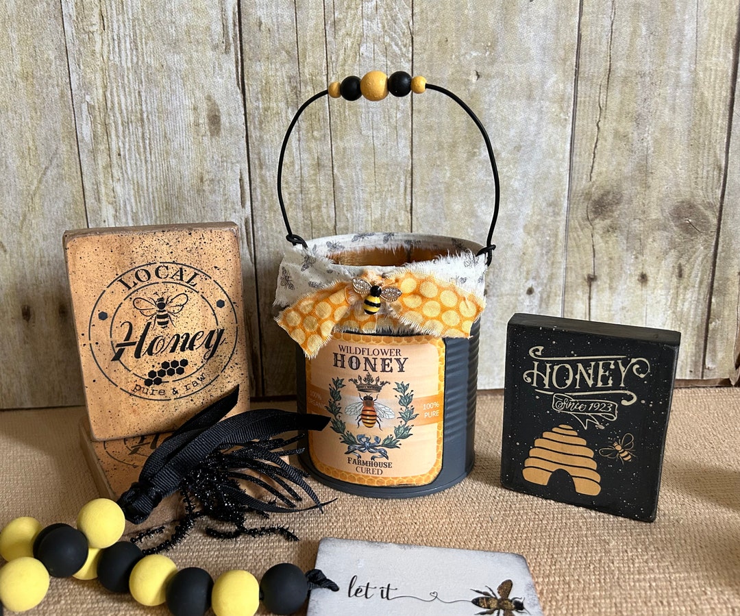 Honey Bee Upcycled Tin, Altered Bee Can, Honey Decor Recycled Tin With ...