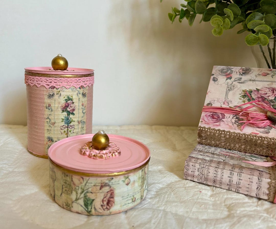 Set of 2 Pink Roses Upcycled Shabby Chic Tin Containers, OOAK 2 French ...