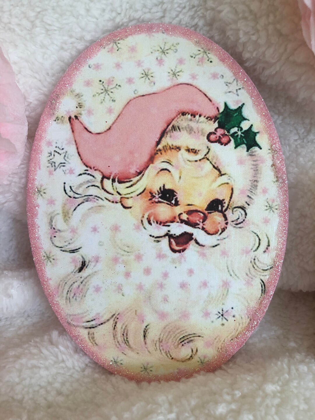 Smiling Pink Santa Oval Sign With Pink Glittered Edges, Christmas Santa ...