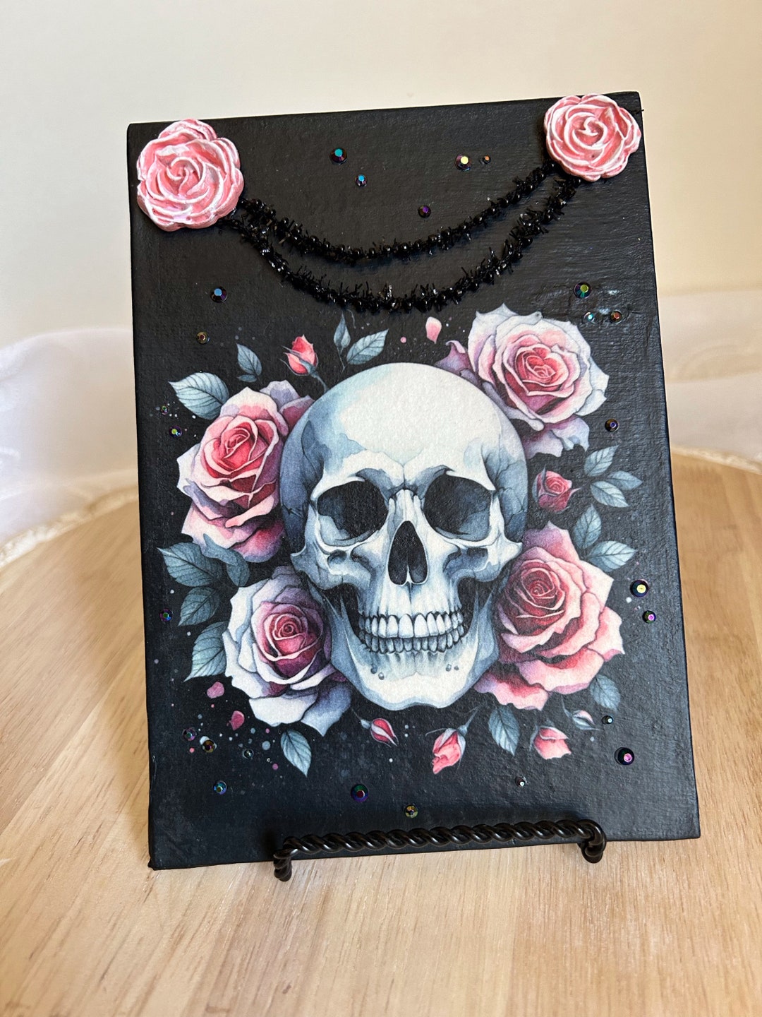 Skull and Roses Canvas Sign, 5x7 Sign for Hanging or Tabletop, Skull ...