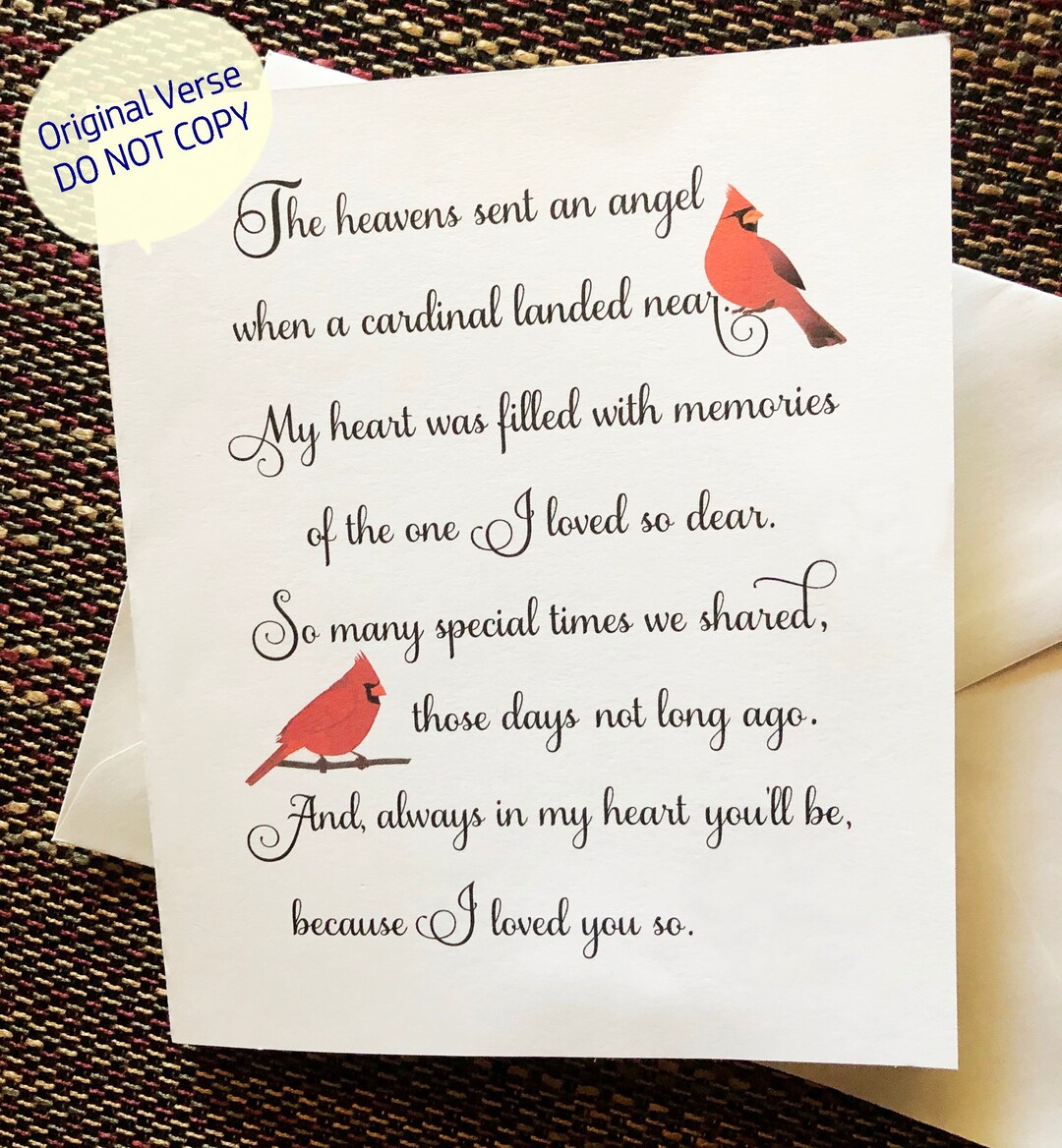 Cardinal Sympathy Card, Heaven Sent an Angel, Cardinal Note Card, in ...