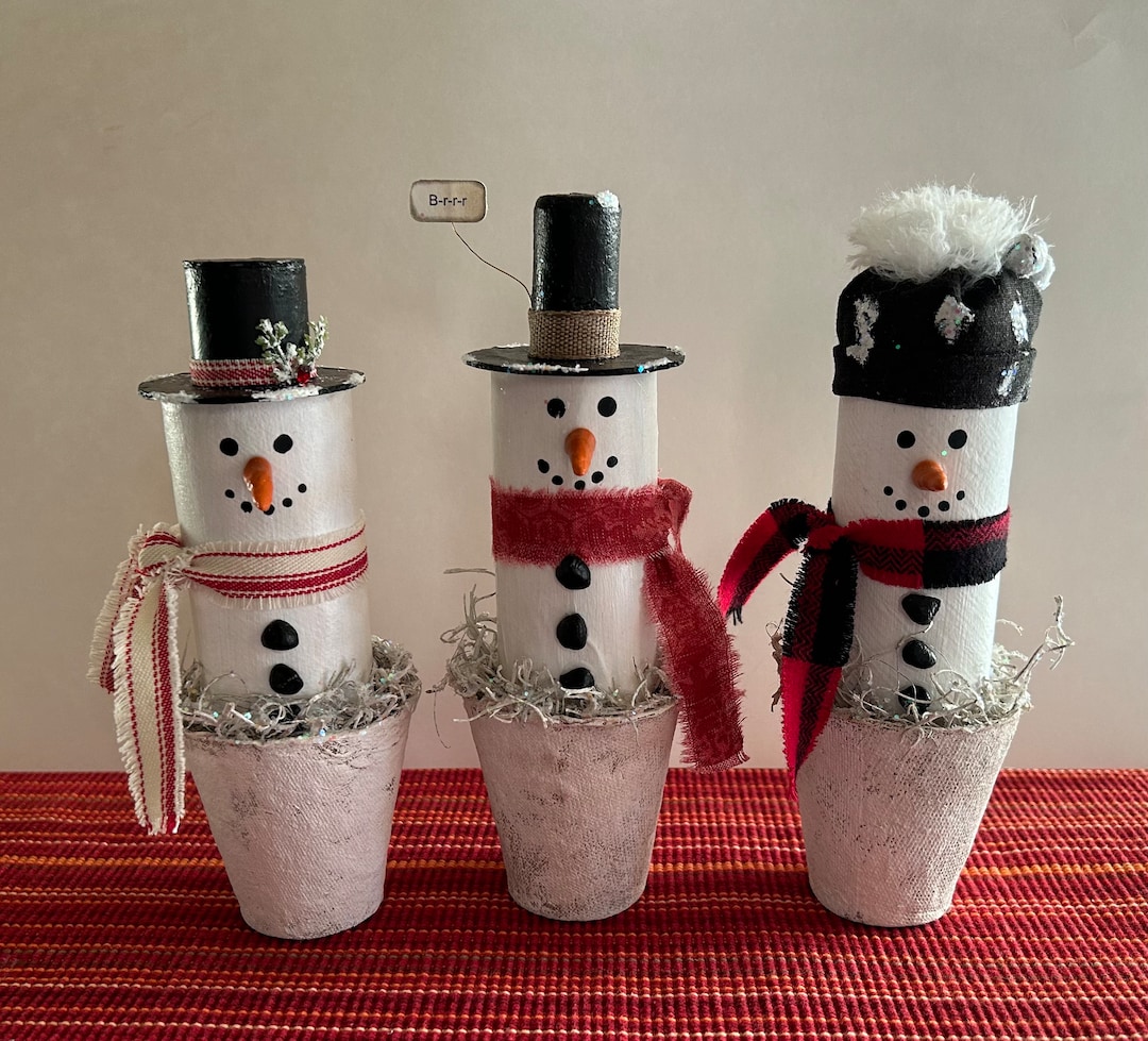 Trio of Snowmen Snowman in a Pot, Upcycled Primitive Snowman, Snowmen ...