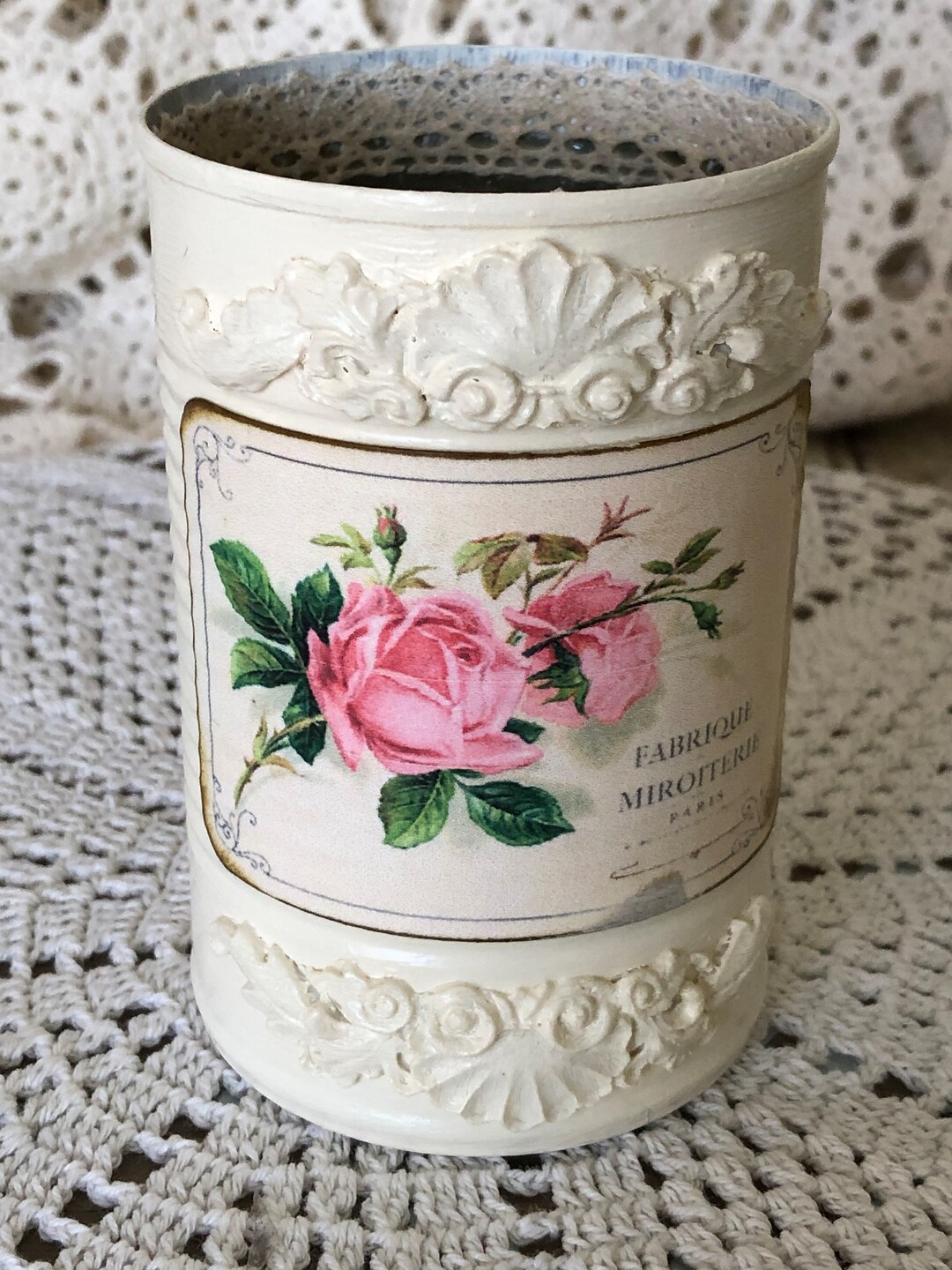Upcycled Tin Can Container: Shabby Chic French Floral Decor, Ivory - Etsy