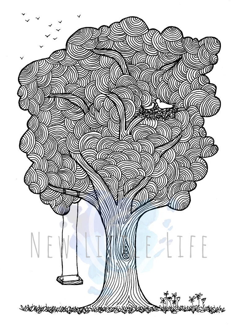 Birds in Tree Coloring Page DIGITAL DOWNLOAD Adult | Etsy