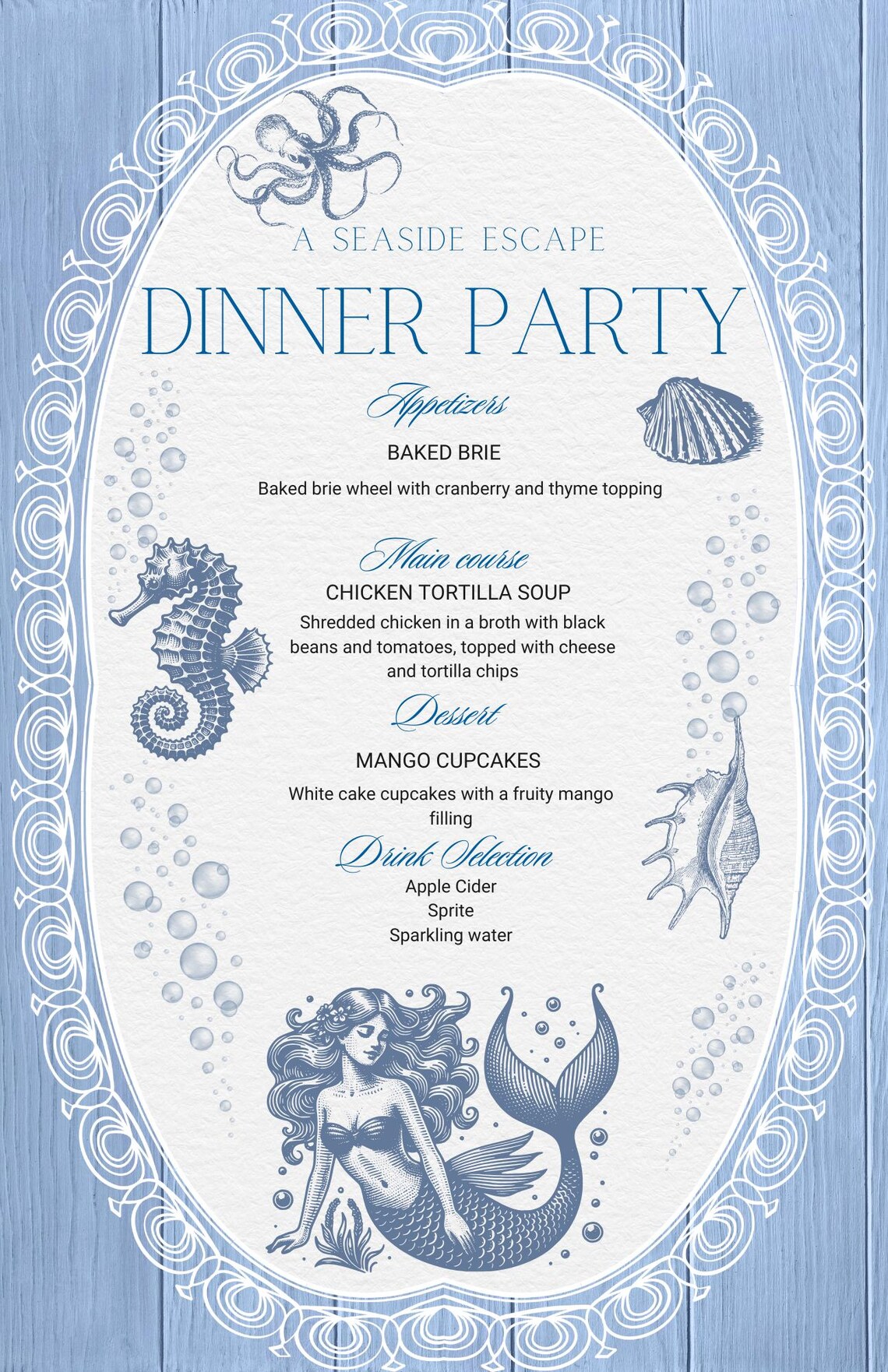 Seaside Ocean Themed Party Dinner Menu - Editable Digital File Download ...