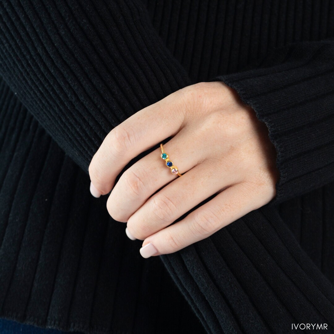 3 Birthstone Ring - Stackable Birthstone Ring - Dainty Birthstone Ring ...