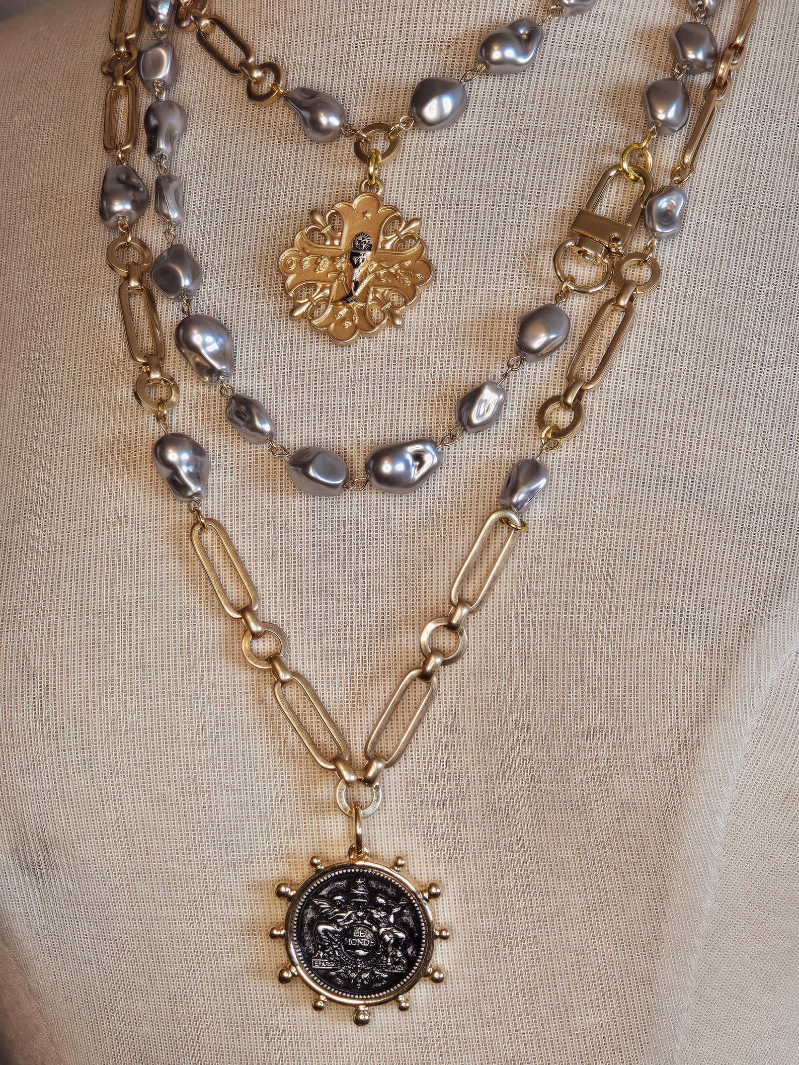 Vintage French Coin Necklace: Le Monde Medallion, Porcelain Baroque ...