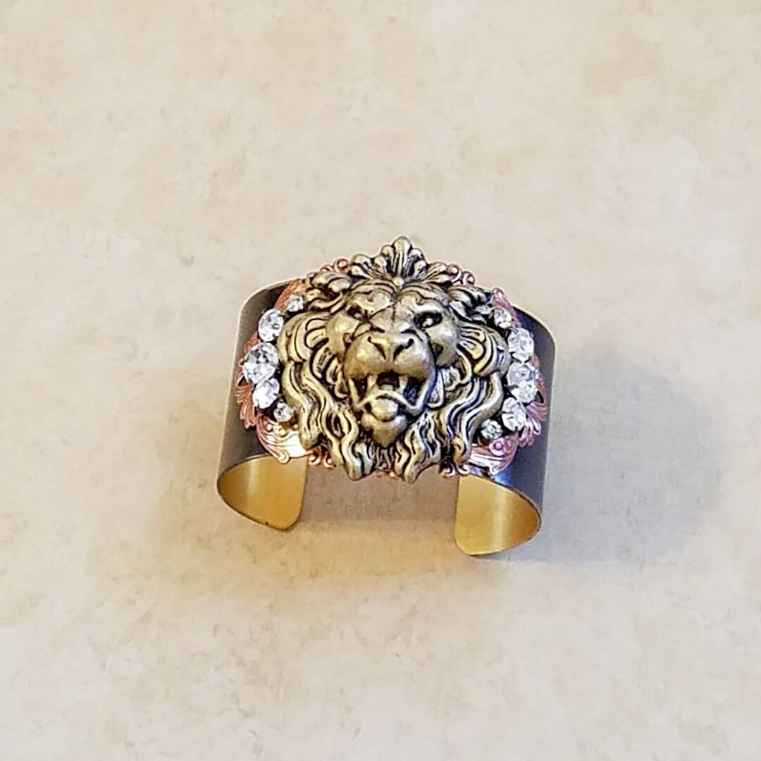 Wide Brass Cuff, Lion's Head Cuff Bracelet With Rhinestones, Leo ...