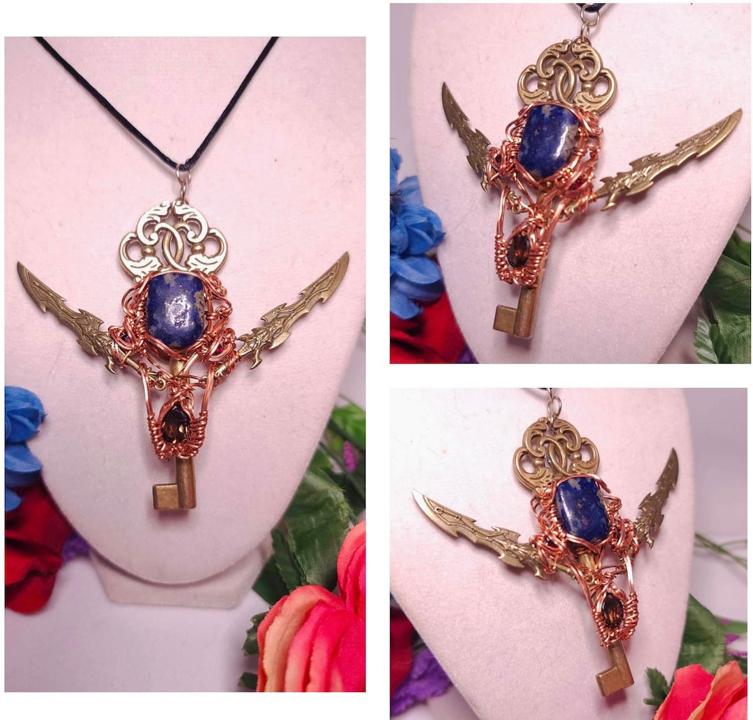 Lapis Lazuli and Smokey Quartz Key and Sword Charm Pendant for Cosplay ...