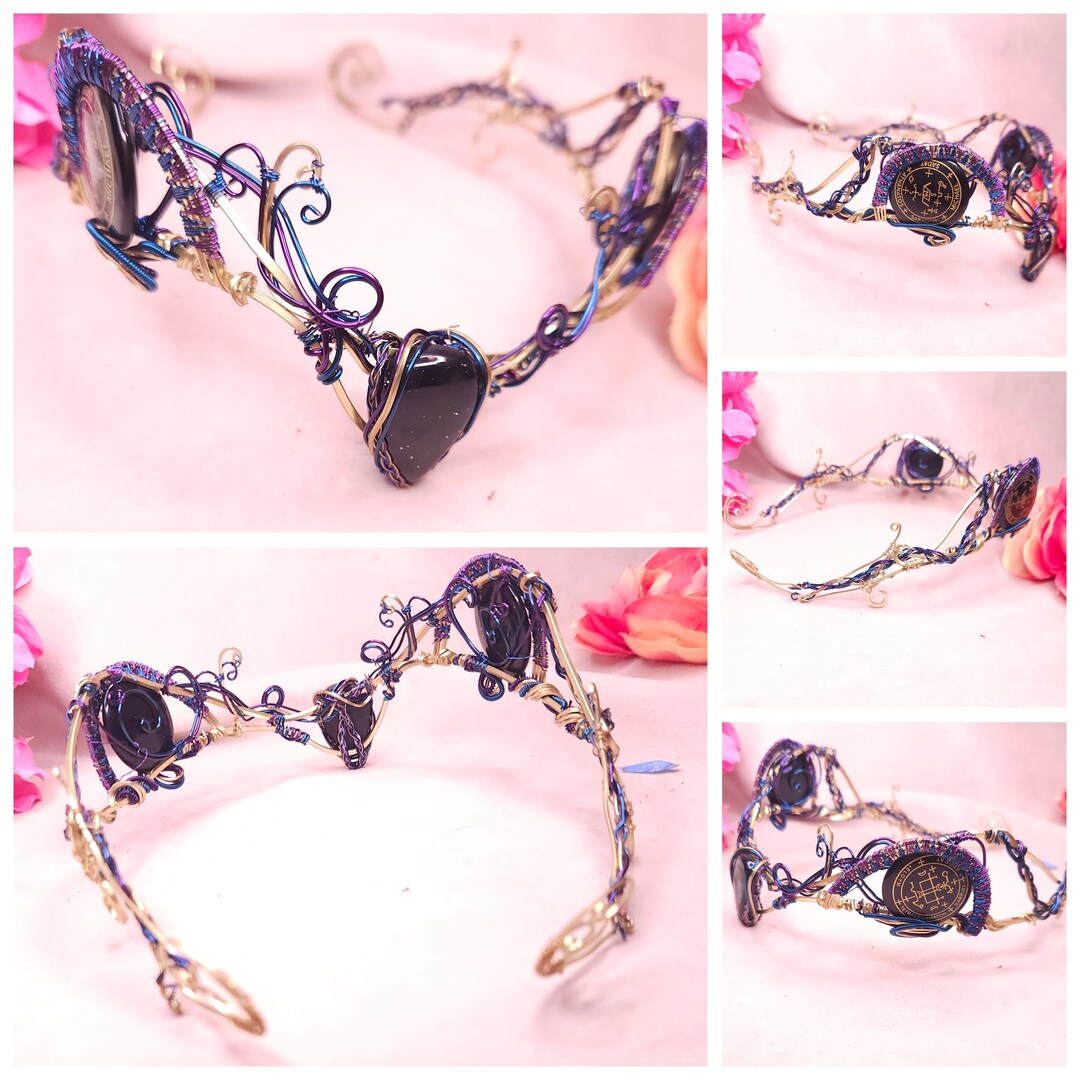 Brass, Purple, Blue Tiara With Blue Obsidian and Archangel Sigil Stones ...