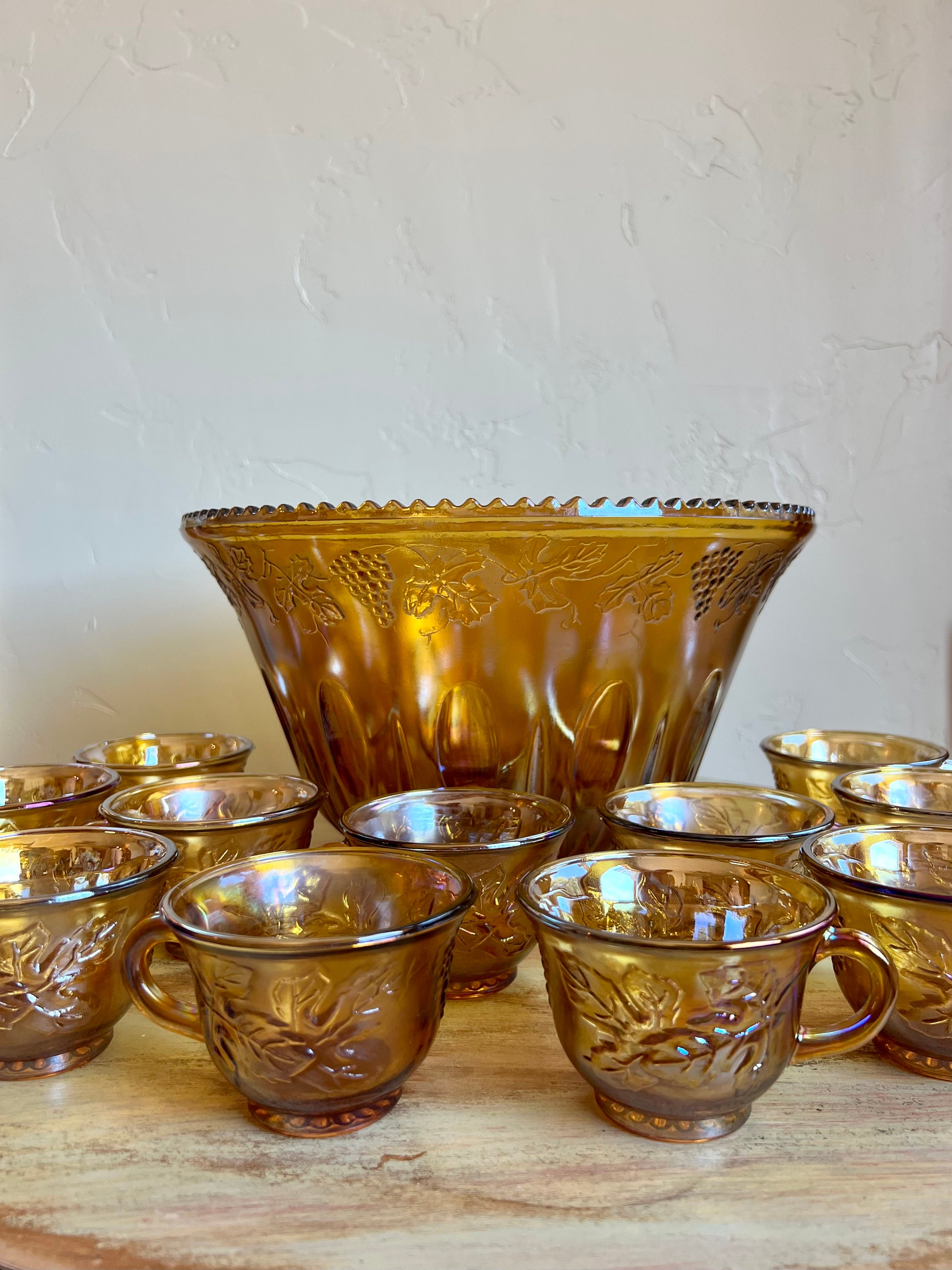 CARNIVAL GLASS Vintage Punch Bowl and Glasses, Marigold Indiana Glass ...