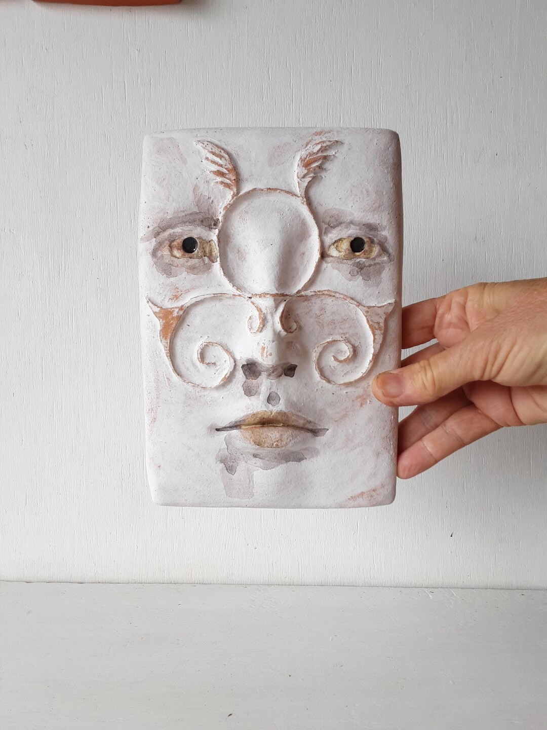 White Ceramic Mask Sculpture With Florentine Style Flourishes, Pottery ...