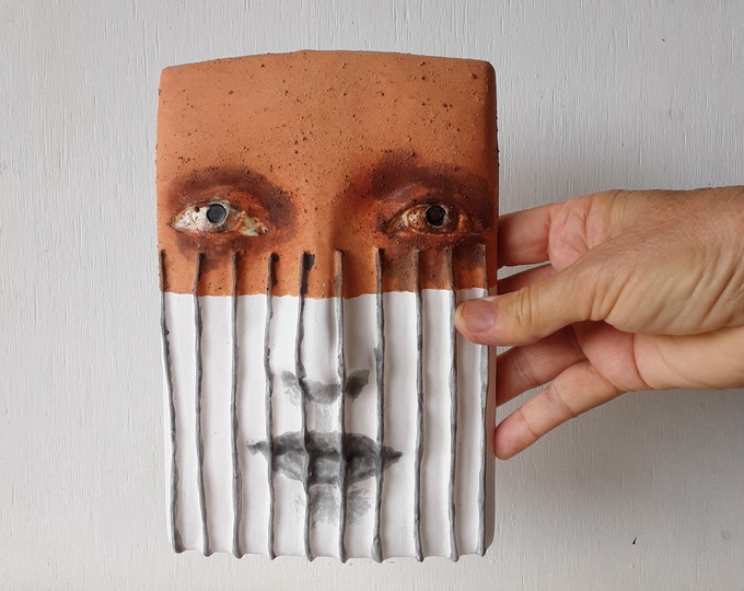 Abstract Ceramic Face, Pottery Wall Sculpture, Terracotta and White Art ...