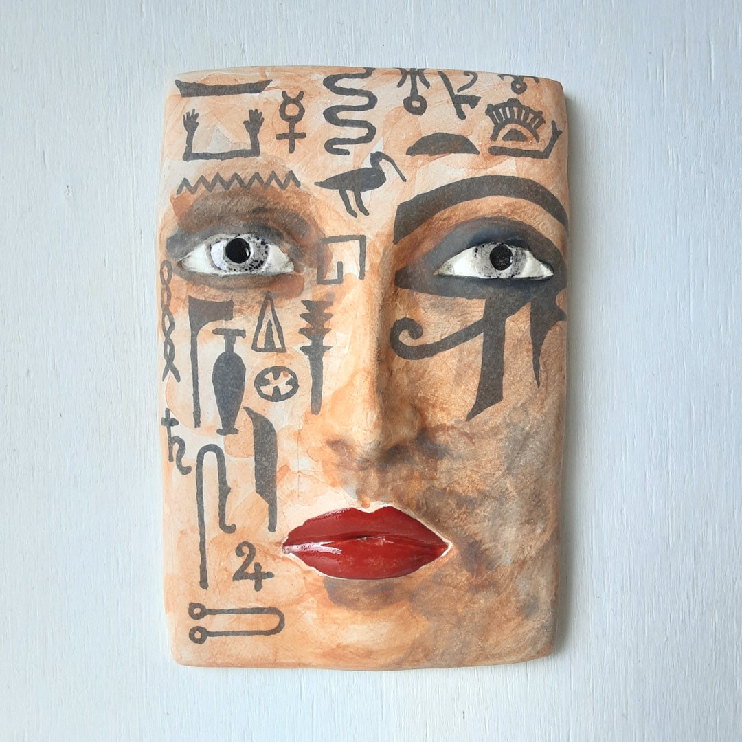 Ceramic Wall Face, Egyptian Sculpture Art, Colorful Wall Mask, Low ...