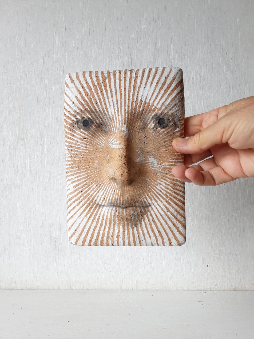 Pottery Wall Mask, Abstract Head Sculpture With Inlaid Geometric ...