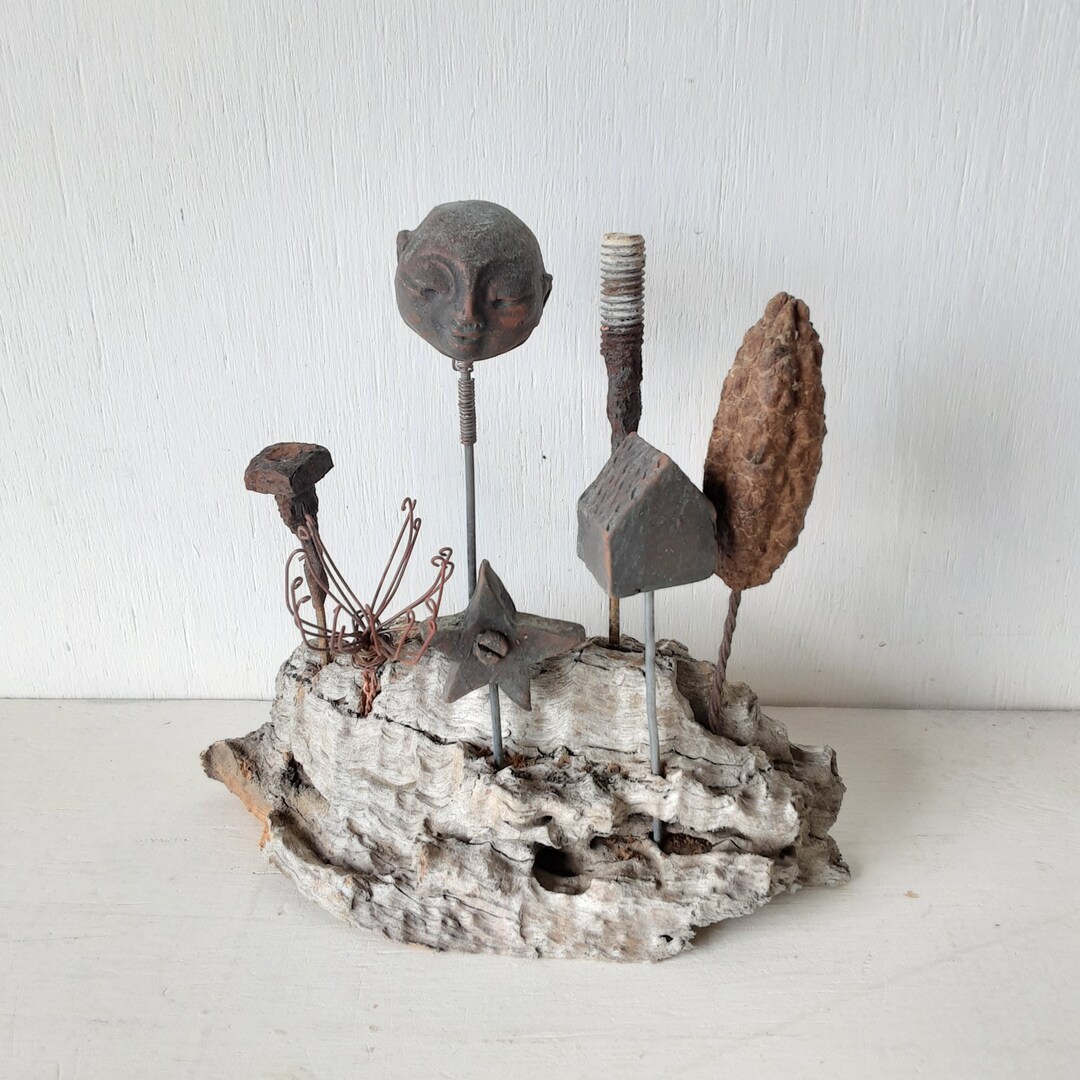 Rustic Sculpture With Seven Ceramic and Recycled Objects on a Timber ...
