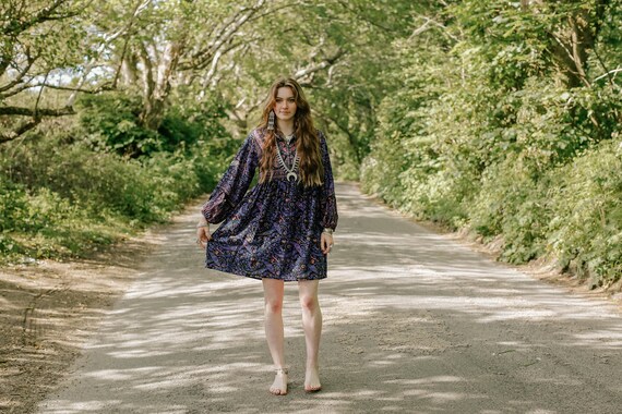 Florence Mini Dress Midnight Sapphire Paisley Floral Rayon | Etsy