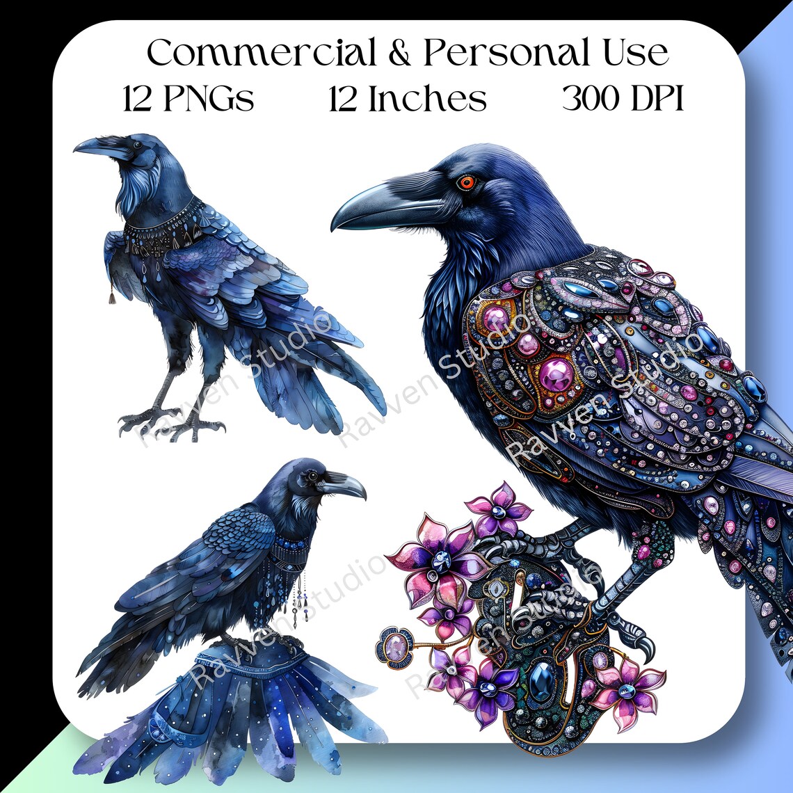Jeweled Raven Clipart, Bird Clip Art, Digital Download, Commercial Use ...