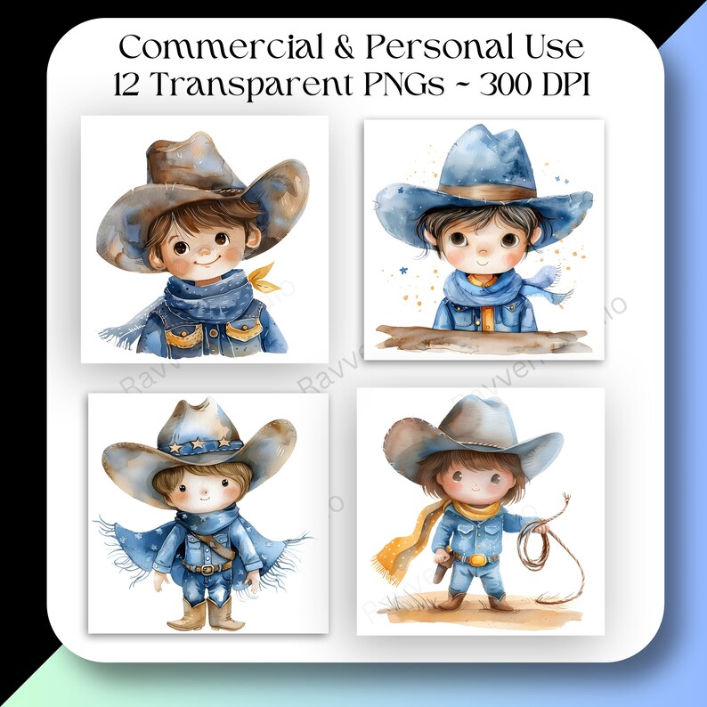Little Cowboy Blue Watercolor Clipart, Boy Clip Art, Western Png ...