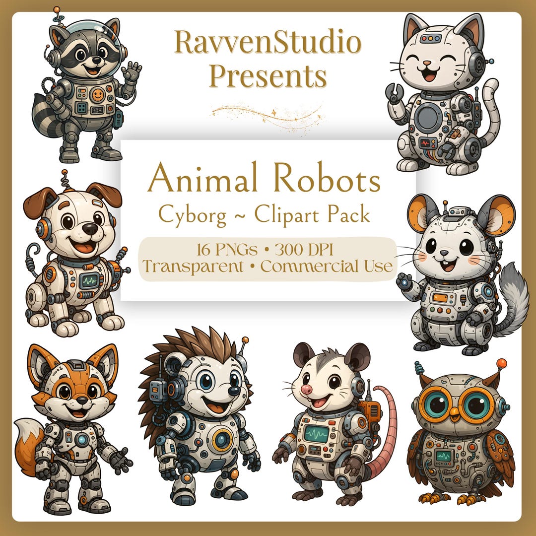Animal Robot Clipart Bundle • Kawaii Cyborg Creatures • Steampunk Tech ...