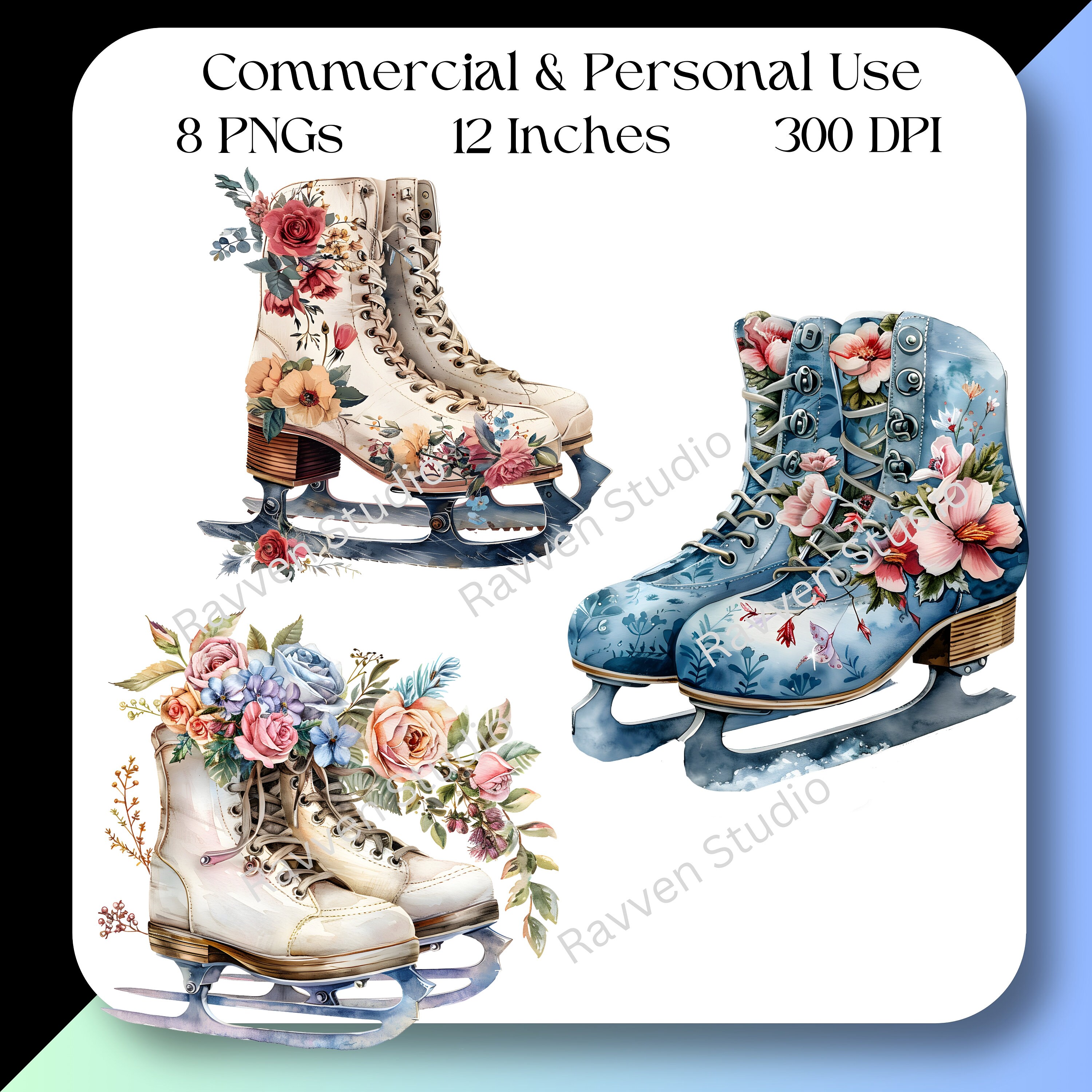 Floral Ice Skates Clipart, Figure Skating Flowers Clip Art Sublimation ...