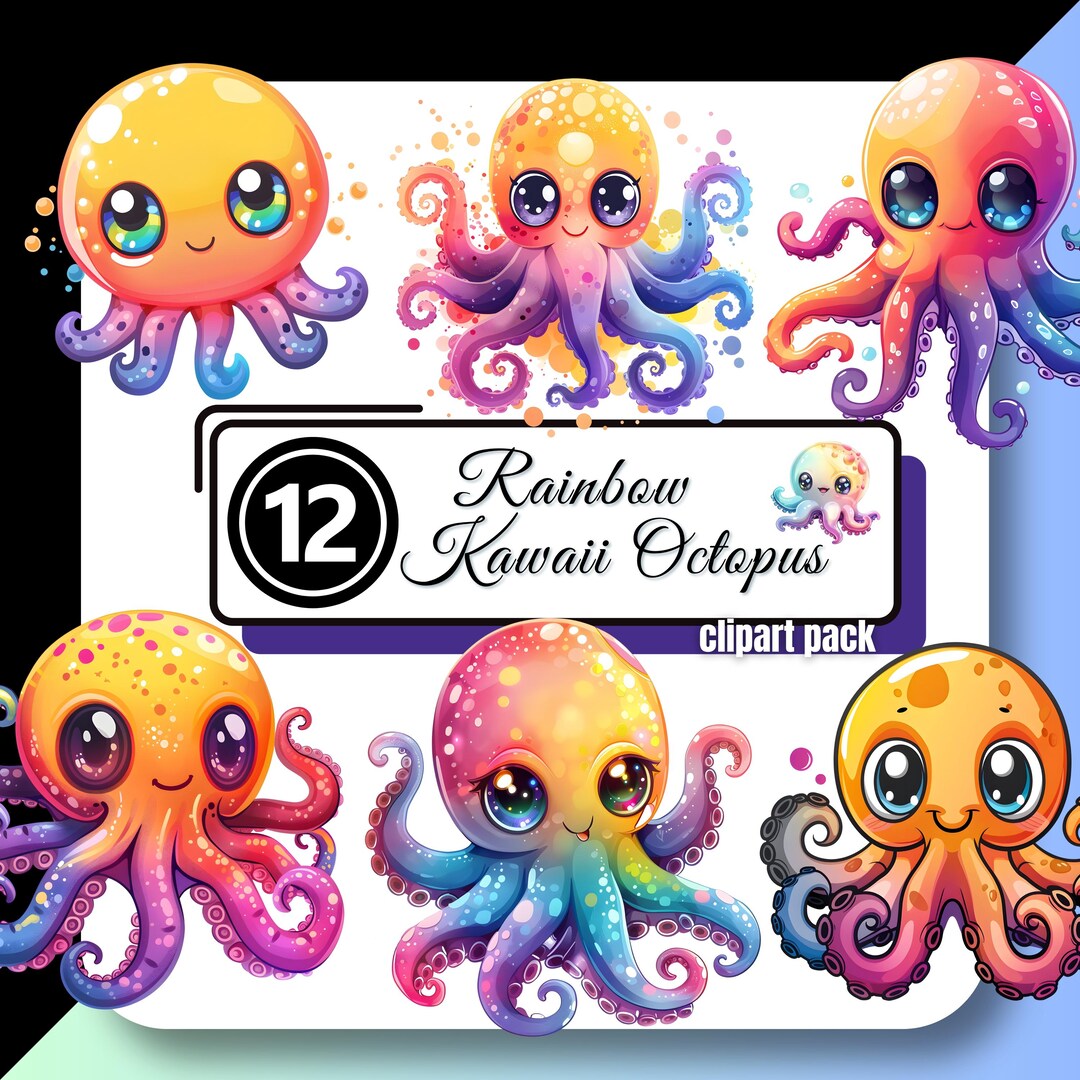Rainbow Kawaii OCTOPUS Clipart Bright Colors Ocean Sea Animal Kraken ...