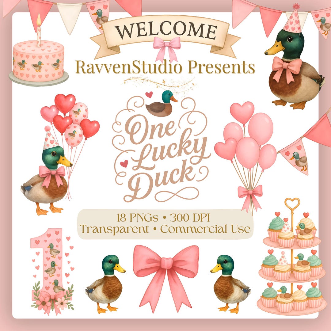 One Lucky Duck Clipart: Cute Mallard Birthday PNG, Pink Balloons, Cake ...