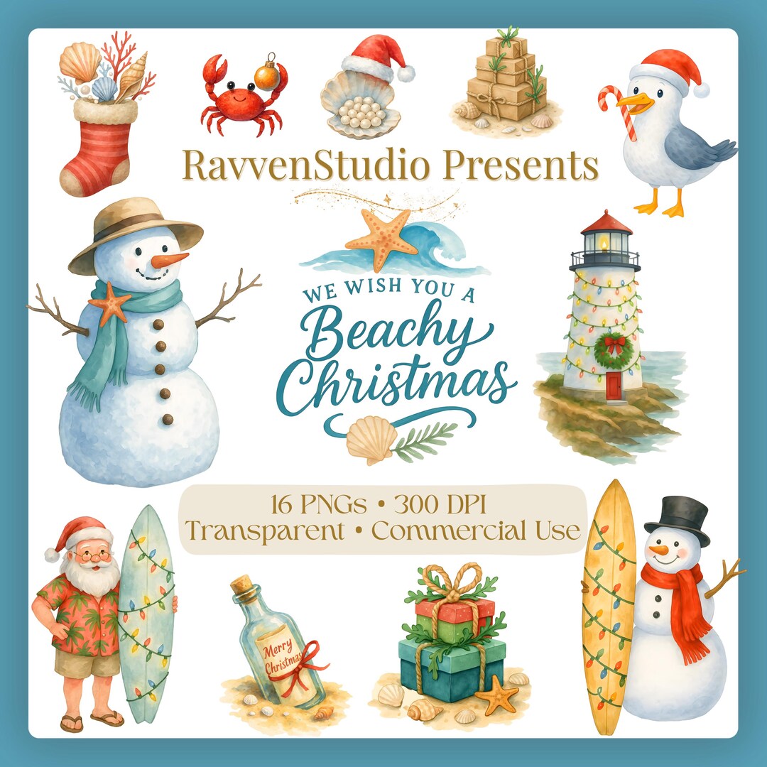 Coastal Christmas Snowman Clipart | Santa Crab Seashell Sea Shell Beach ...