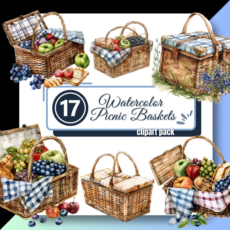 Picnic Basket Watercolor Clipart, Summer Clip Art, Food Fruit Flowers ...