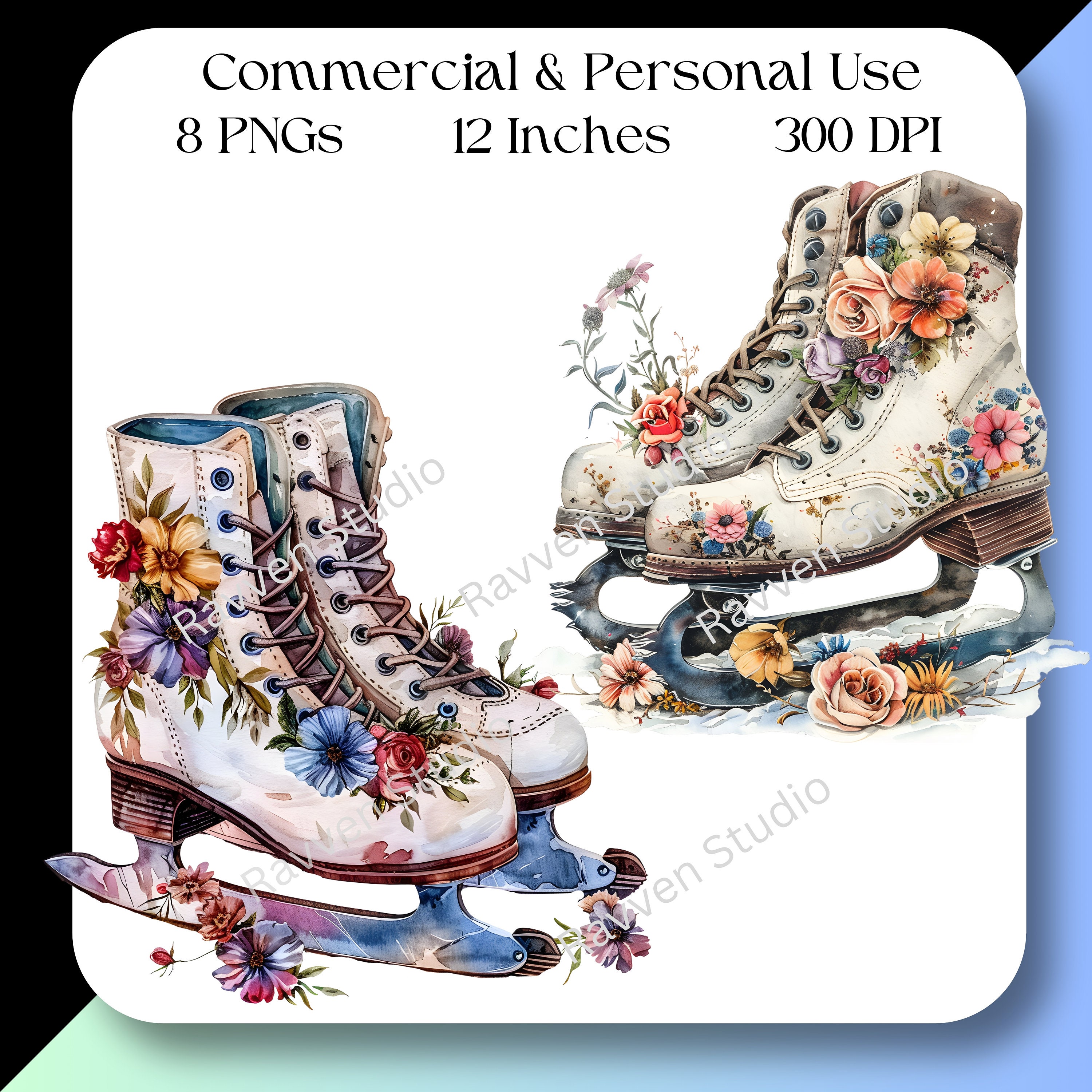 Floral Ice Skates Clipart, Figure Skating Flowers Clip Art Sublimation ...