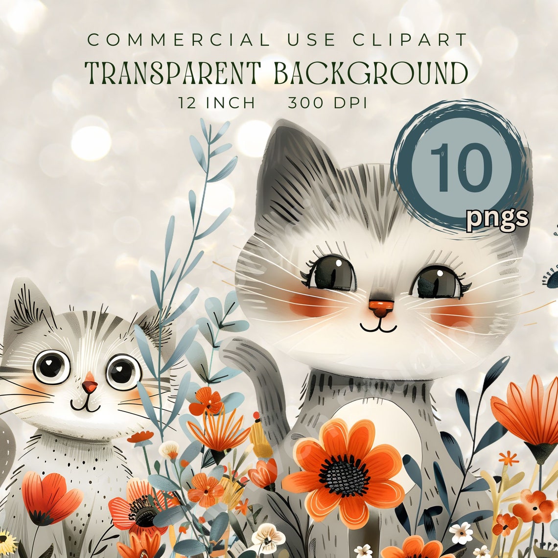 Folk Art Cats & Flowers Clipart Paper Crafts Cat Png Quirky Cat ...