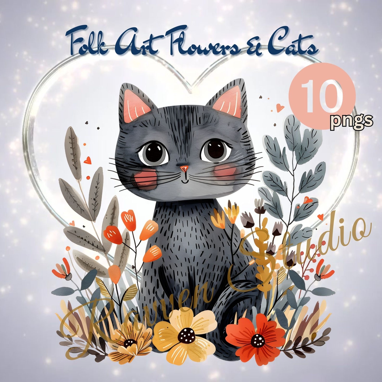 Folk Art Cats & Flowers Clipart | Paper Crafts | Cat Png | Quirky Cat ...