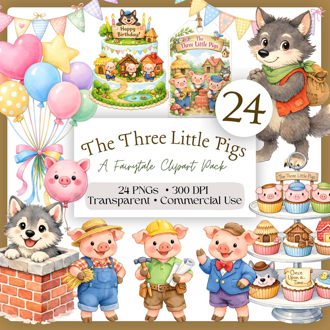 The Three Little Pigs Fairytale Clipart Pack - Big Bad Wolf, Birthday ...