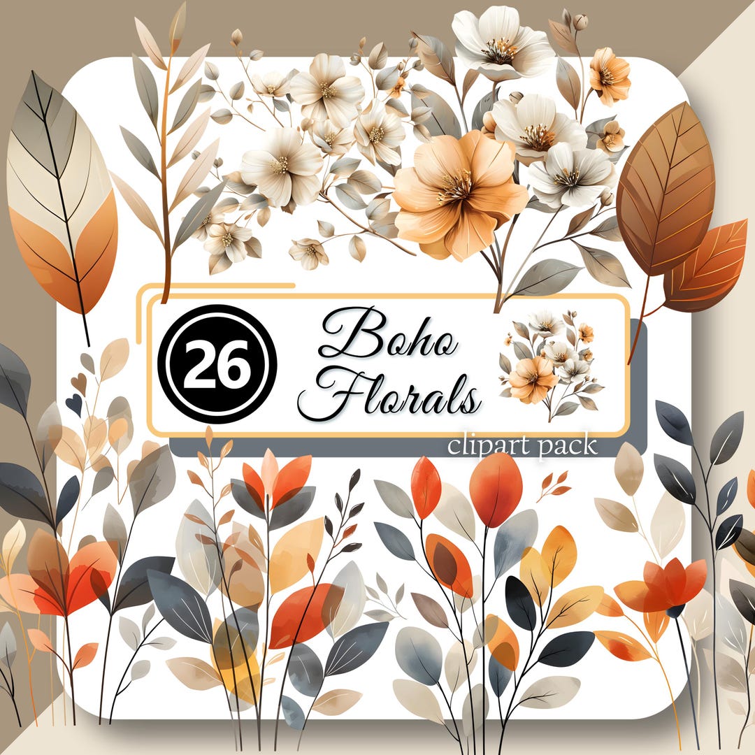 Boho FLORAL Clipart Watercolor Flowers & Leaves Bouquets Rustic ...