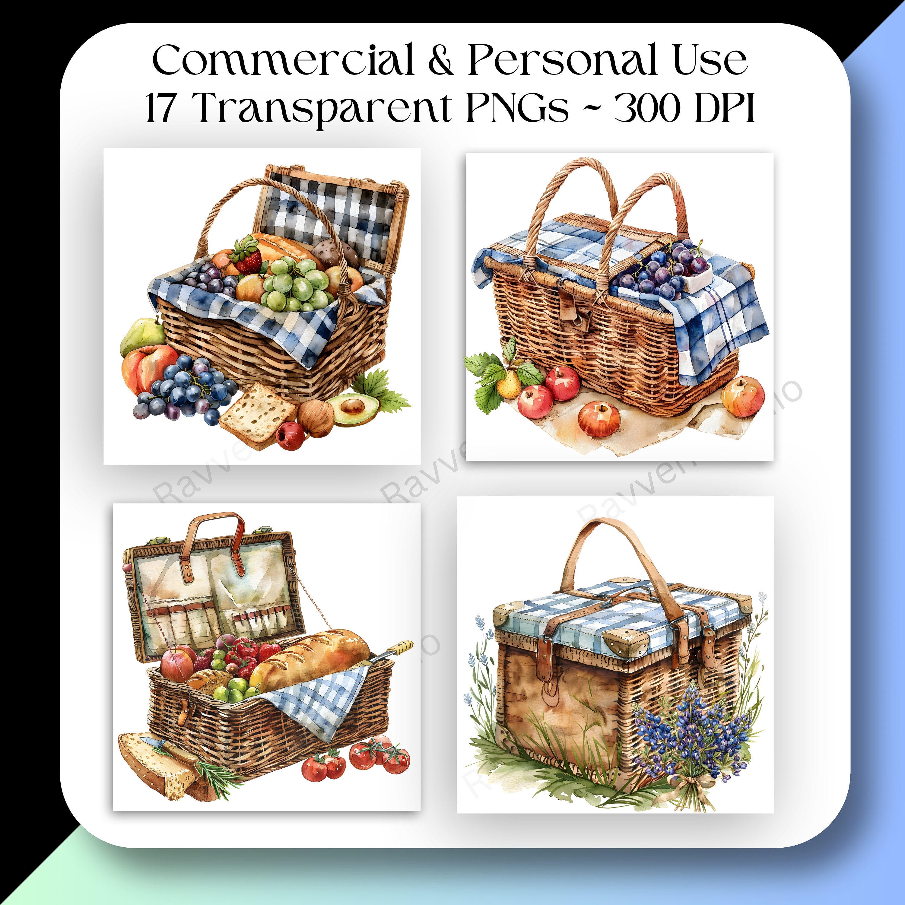 Picnic Basket Watercolor Clipart, Summer Clip Art, Food Fruit Flowers ...