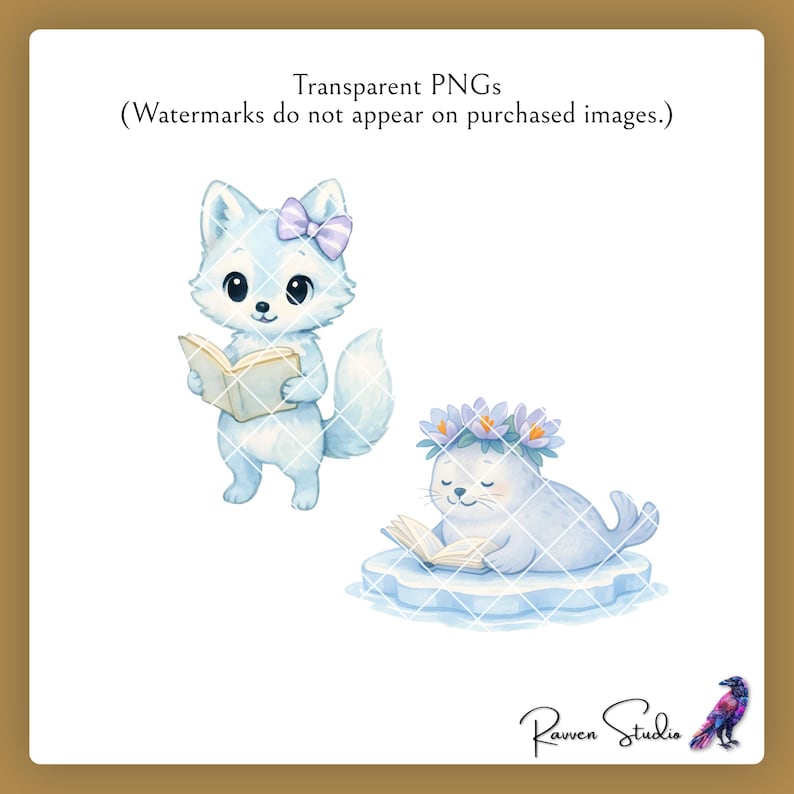 Arctic Animals Reading Clipart, Watercolor PNG Set (digital Download ...