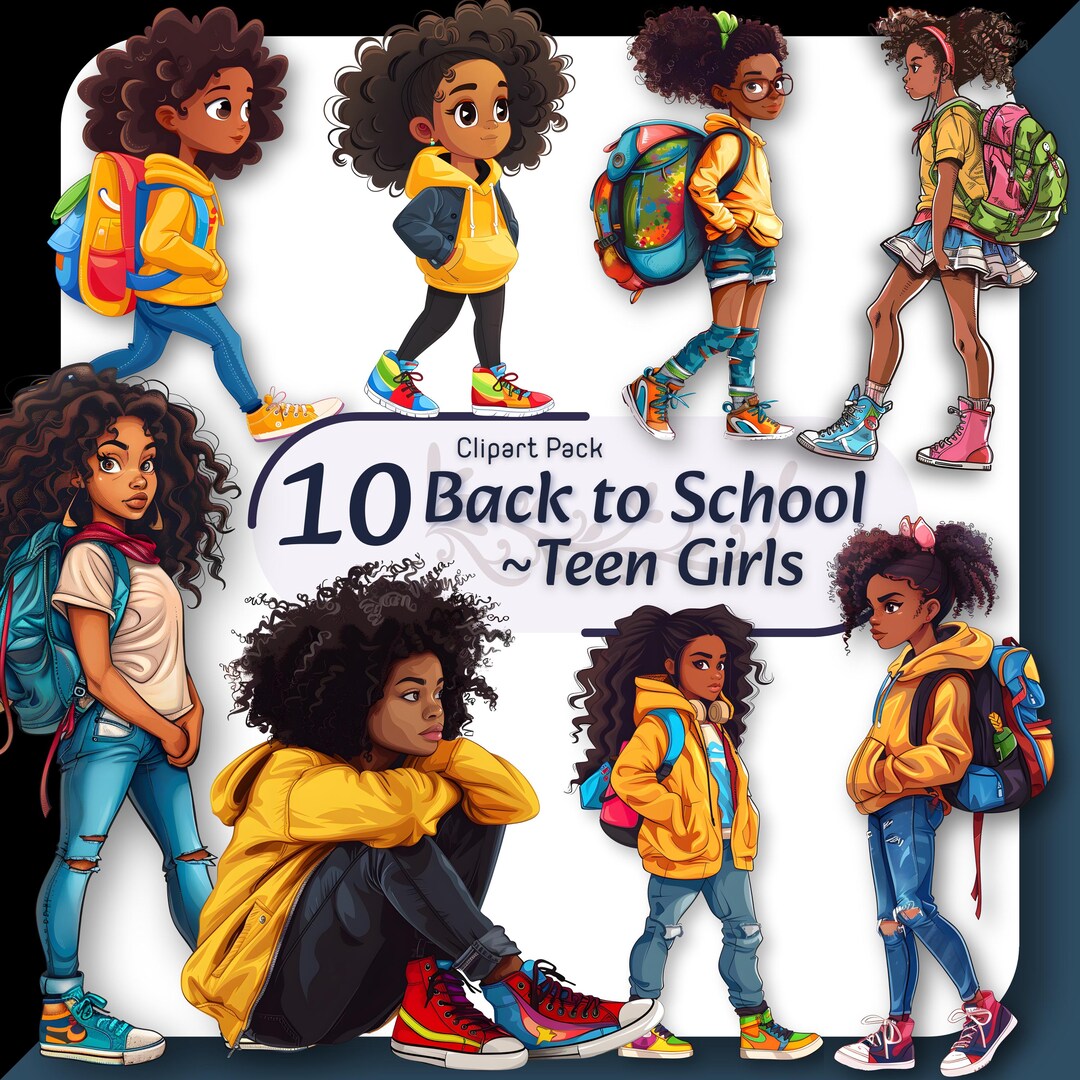 Black Teen Girl Clipart, Stylish Afro Girl PNG, Back to School Digital ...