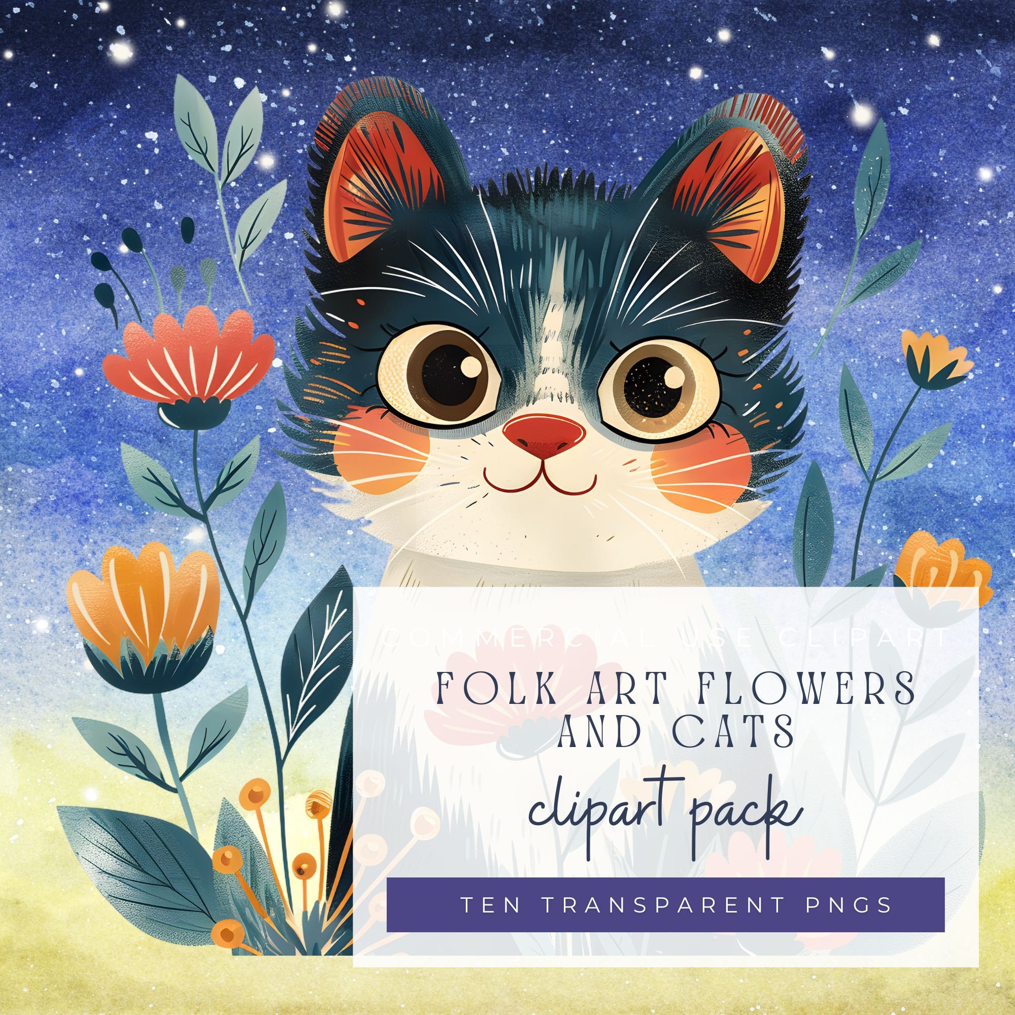 Folk Art Cats & Flowers Clipart Paper Crafts Cat Png Quirky Cat ...